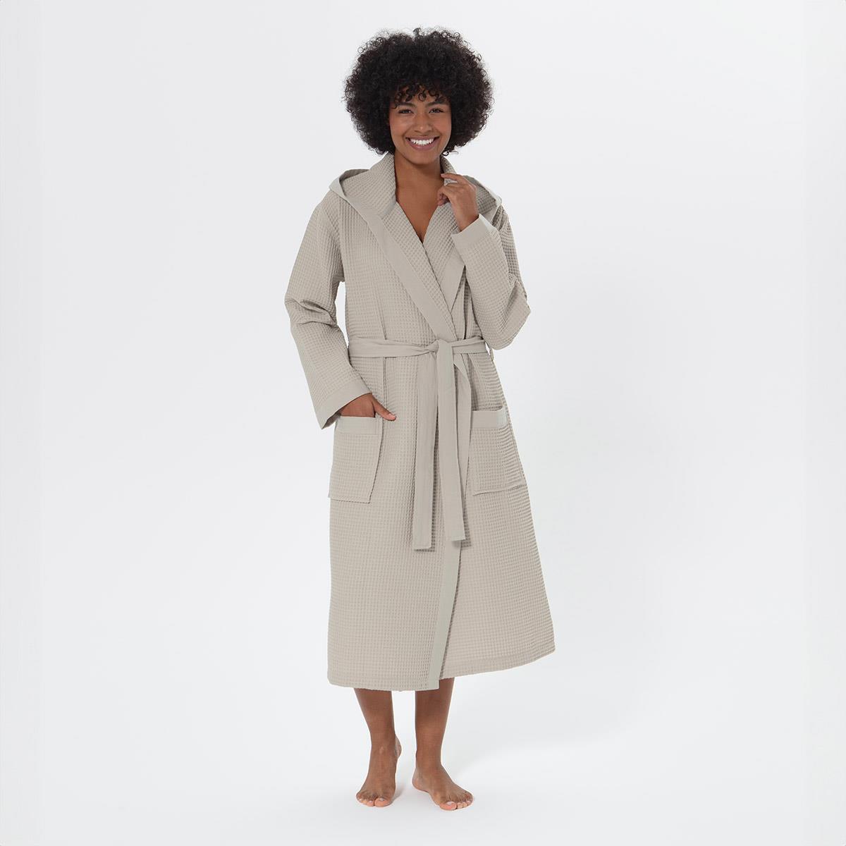 Women’s Stone Beige Turkish Cotton Waffle Hooded Robe | SEYANTE