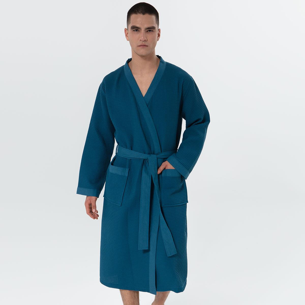 Men's Deep Aqua Blue Lightweight Kimono Waffle Spa Robe | SEYANTE