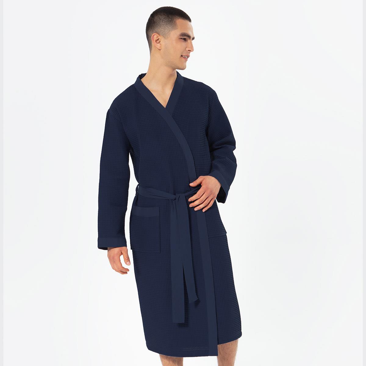 Men's Navy Lightweight Kimono Waffle Spa Robe | SEYANTE