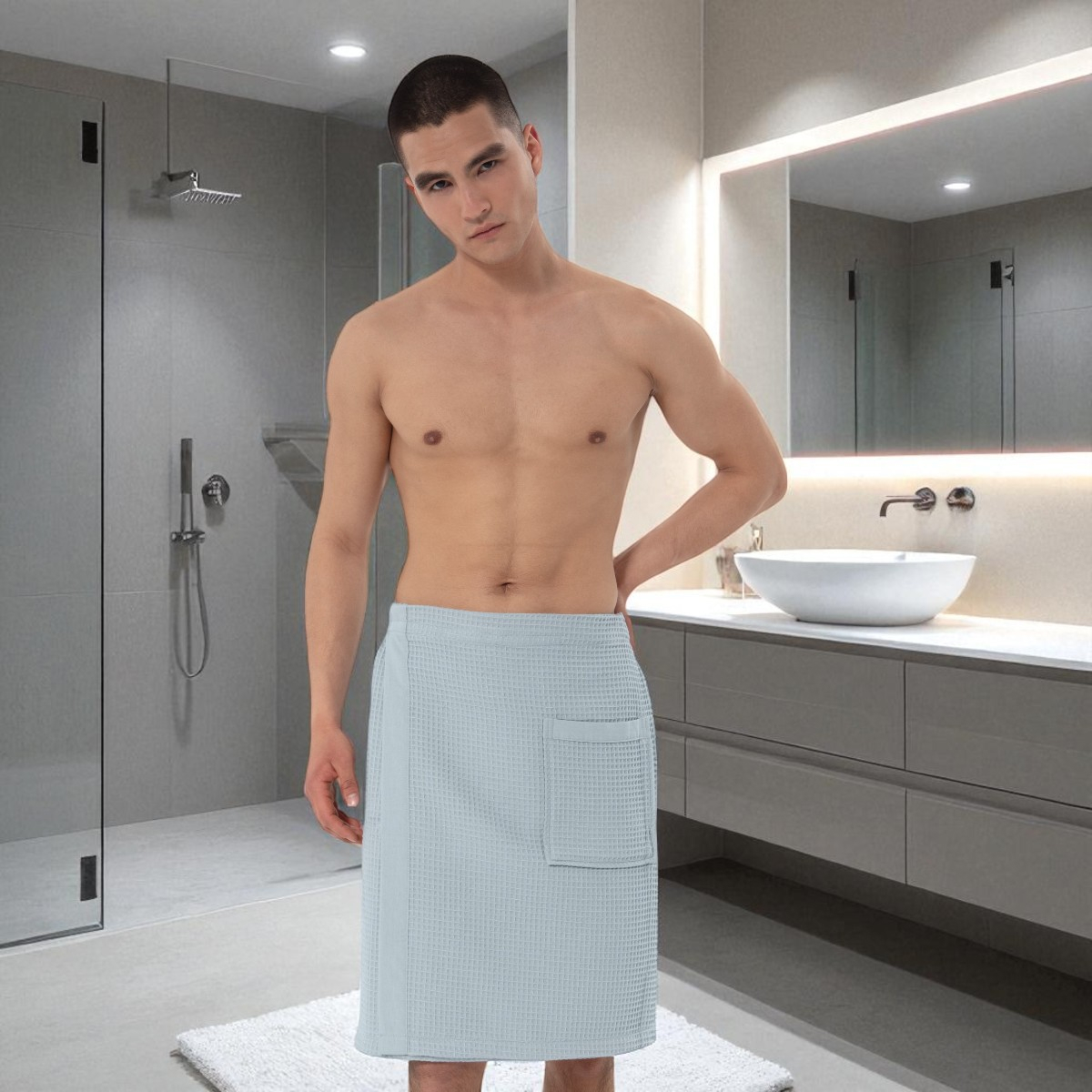 Men’s Blue Gray Organic Turkish Cotton Waffle Towel Wrap