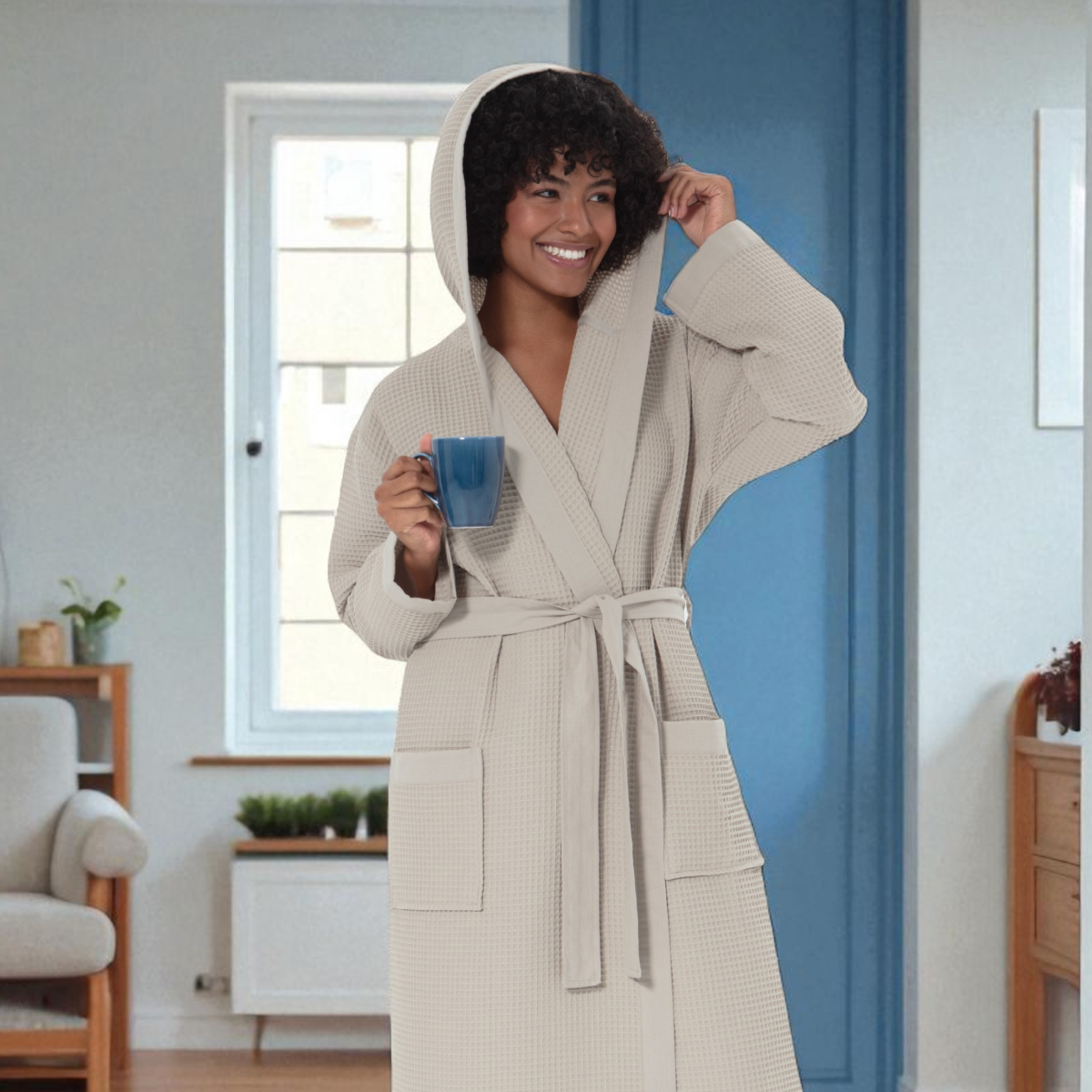 Women’s Stone Beige Turkish Cotton Waffle Hooded Robe | SEYANTE