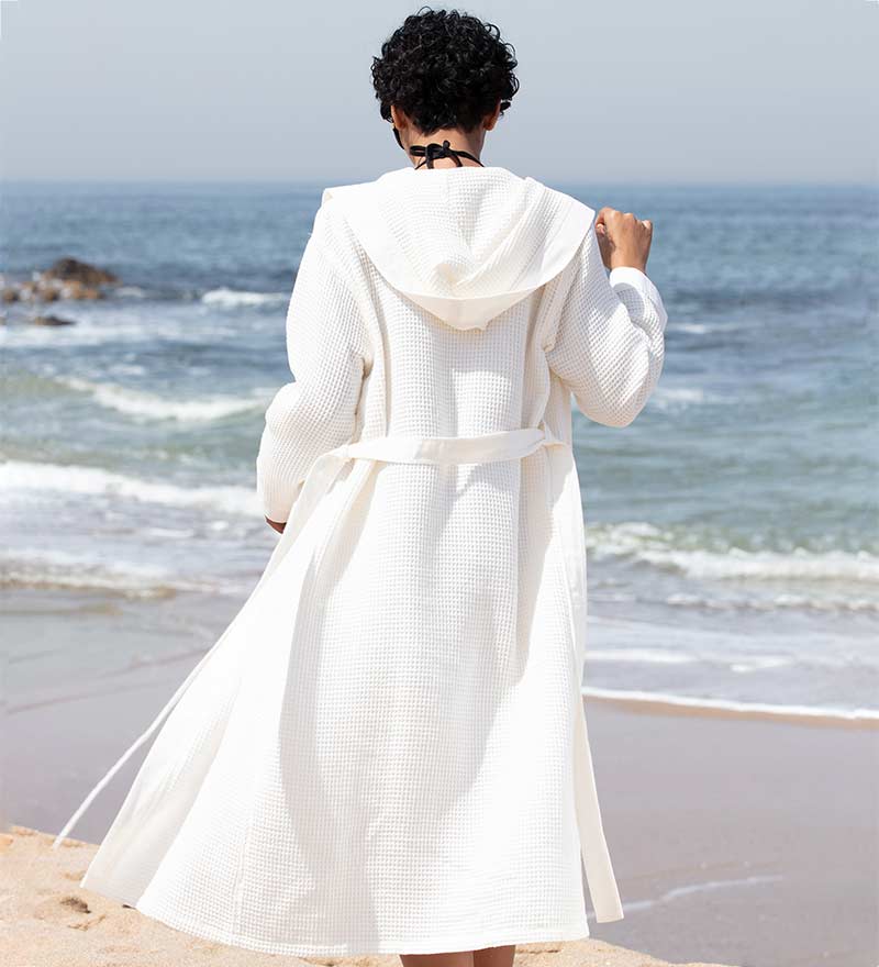 Women’s White Turkish Cotton Waffle Hooded Robe | SEYANTE